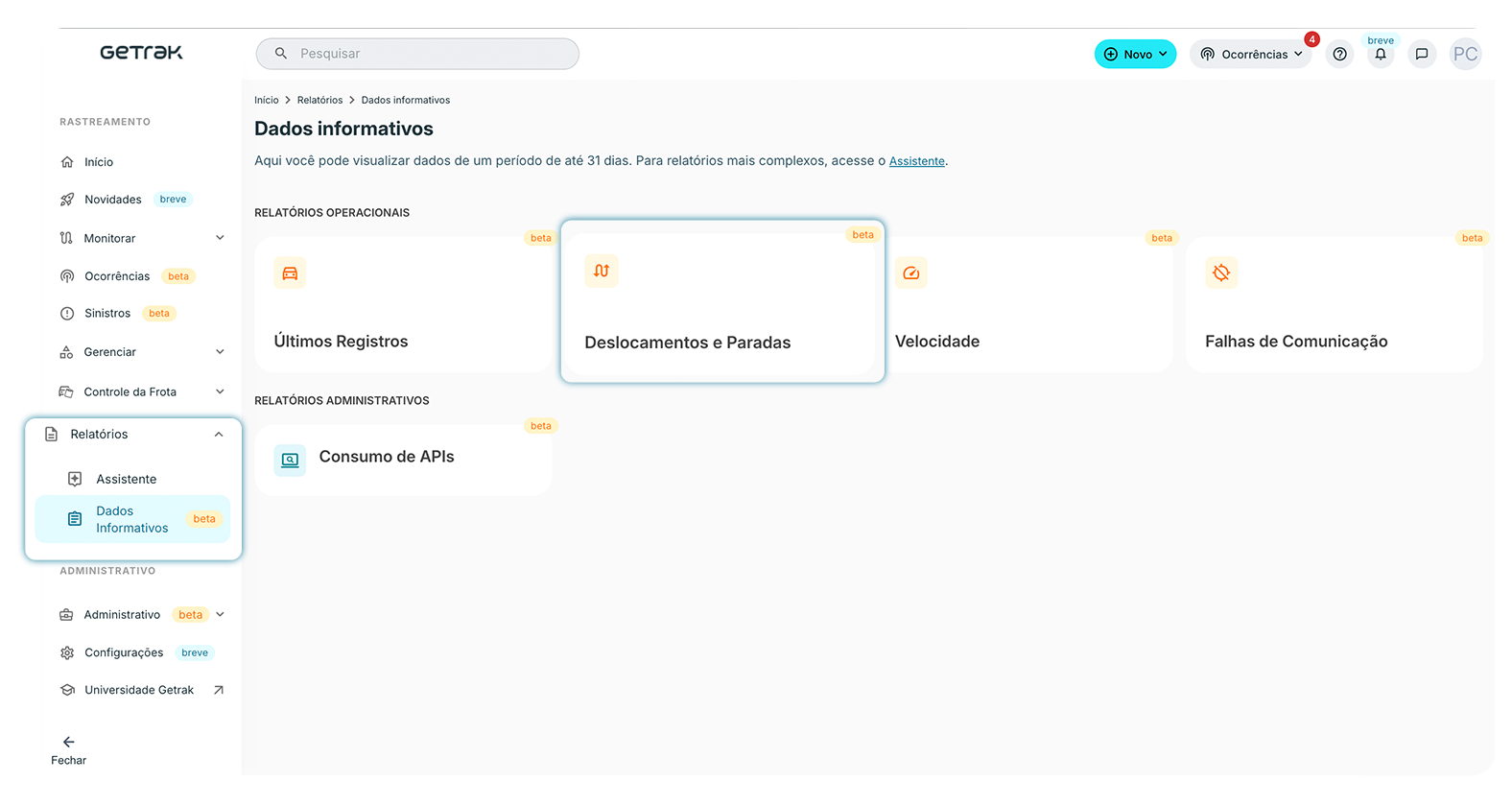 Deslocamentos e paradas – Getrak
