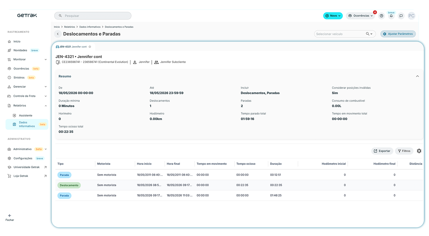 Deslocamentos e paradas – Getrak